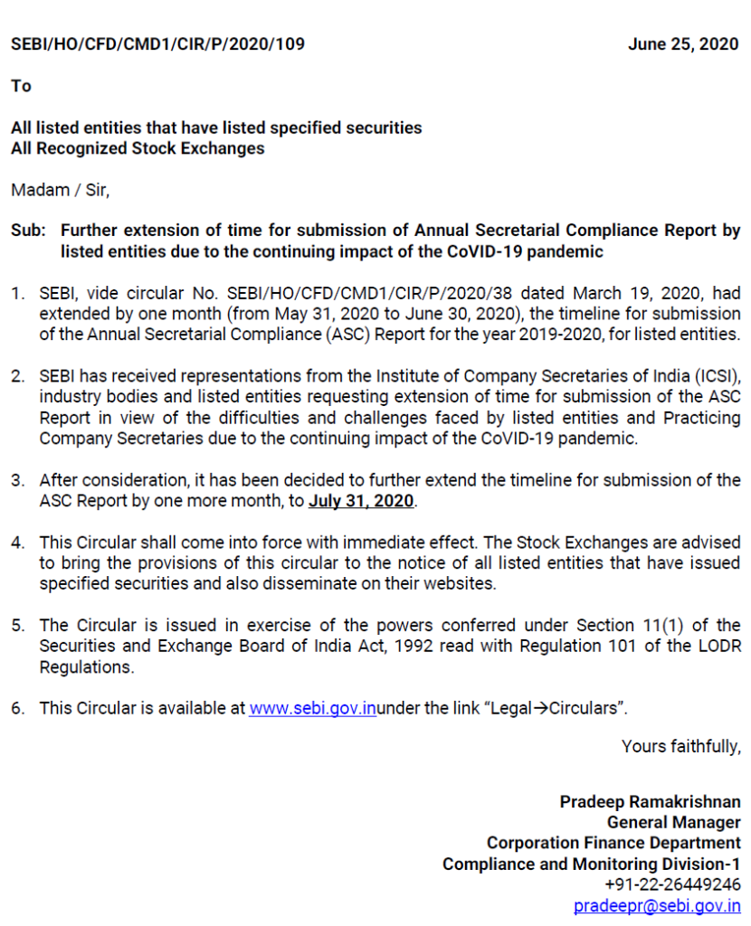 SEBI UPDATE: EXTENSION FOR SUBMISSION OF ANNUAL SECRETARIAL COMPLIANCE ...